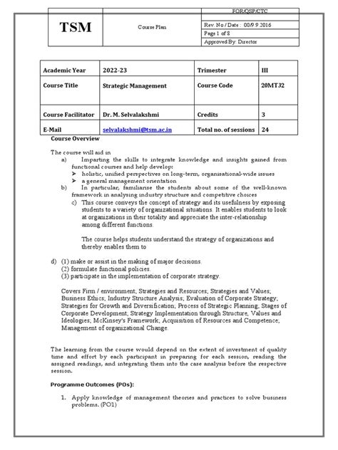 academic year 2022 23 trimester iii course title strategic management