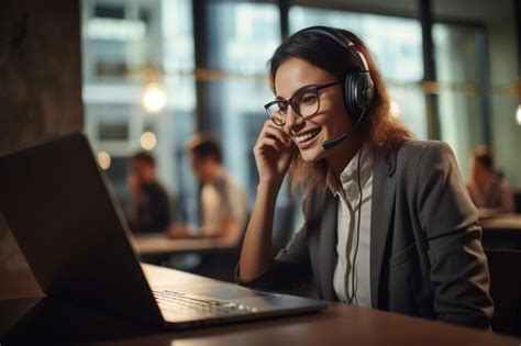 Premium Photo Joyful Young Lady Multitasking With A Laptop And Conversation Generative Ai