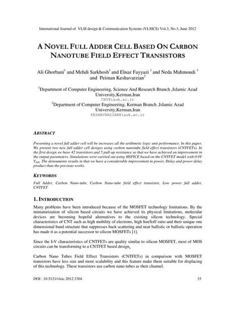 A Novel Full Adder Cell Based On Carbon Nanotube Field Effect Transistors Pdf Computer
