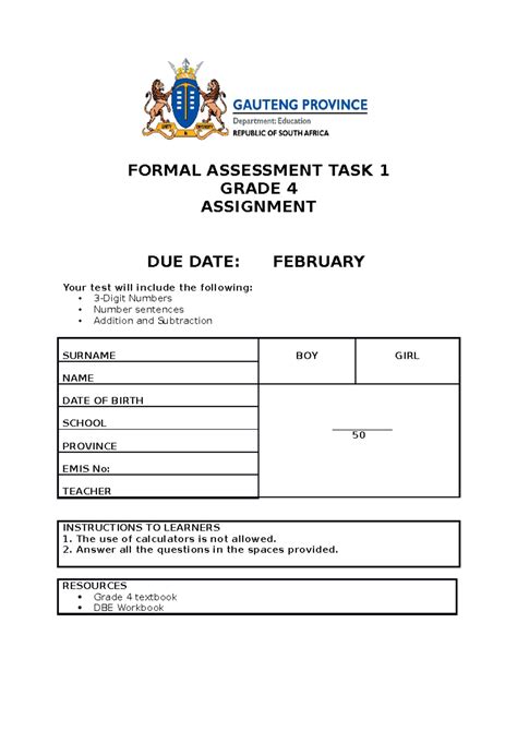 Grade 4 Formal Assessment Assignment Task 1 Math Concepts Studocu