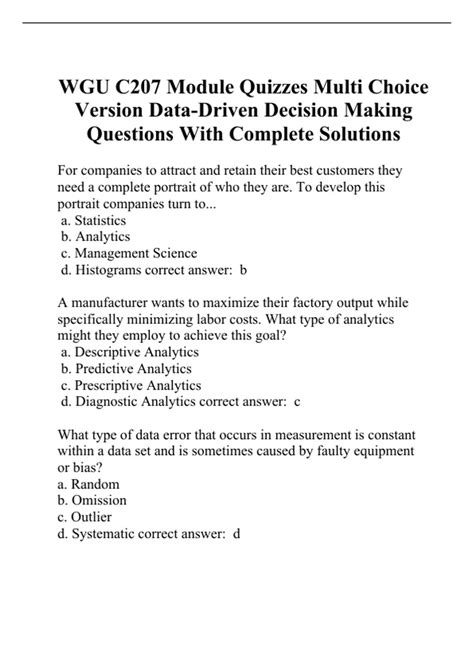 Wgu C207 Module Quizzes Multi Choice Version Data Driven Decision Making Questions With Complete
