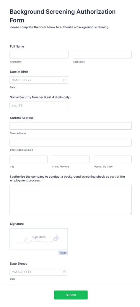 Background Screening Authorization Form Template Jotform