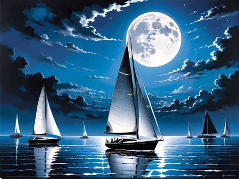 Mystical Moonlit Seascape Sailboat Under The Moon Stock Illustration