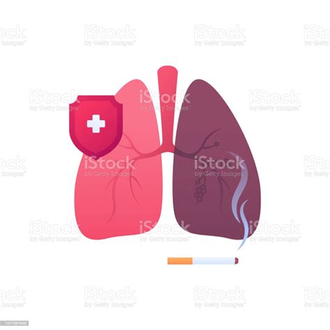 금연 및 폐 질환 개념 벡터 플랫 의료 일러스트레이션 인간의 오르간 및 빨간 방패 보호 기호 연기 표지판이 있는 담배 색상 아이콘입니다 헬스케어를 위한 설계 요소 0명에