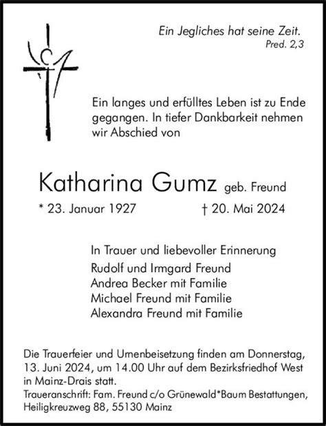 Traueranzeigen Von Katharina Gumz Vrm Trauerde