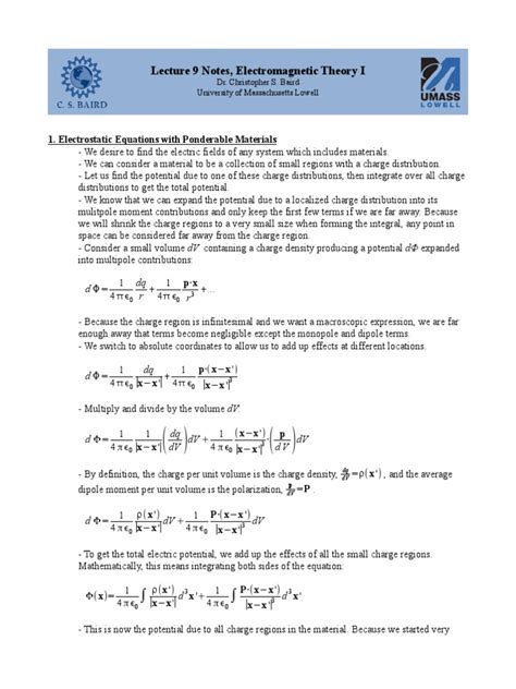 lecture 9 notes electromagnetic theory i 1 electrostatic equations