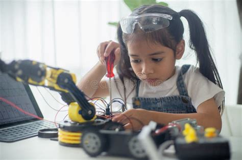 Stem Education Concept Asian Young Girl Learning Robot Design Stock