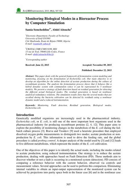 Pdf Monitoring Biological Modes In A Bioreactor Process By Computer