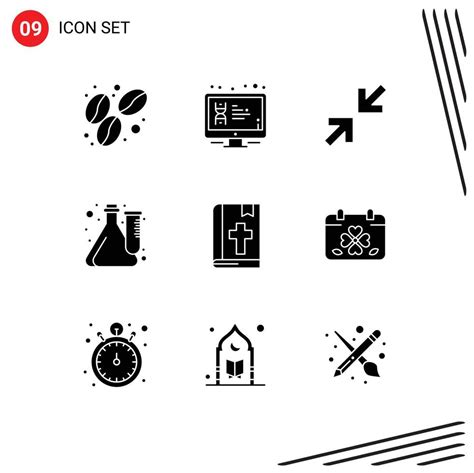 Set Of 9 Commercial Solid Glyphs Pack For Book Laboratory Arrows Lab Culture Editable Vector