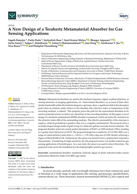 Pdf A New Design Of A Terahertz Metamaterial Absorber For Gas Sensing Applications