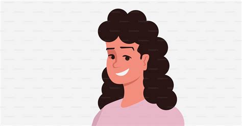 자신감 넘치는 미소를 지은 세미 플랫 Rgb 컬러 벡터 일러스트레이션을 가진 여자 흰 바탕에 곱슬머리를 하고 만화 캐릭터를 고립시킨 웃고 있는 젊은 아가씨 사진