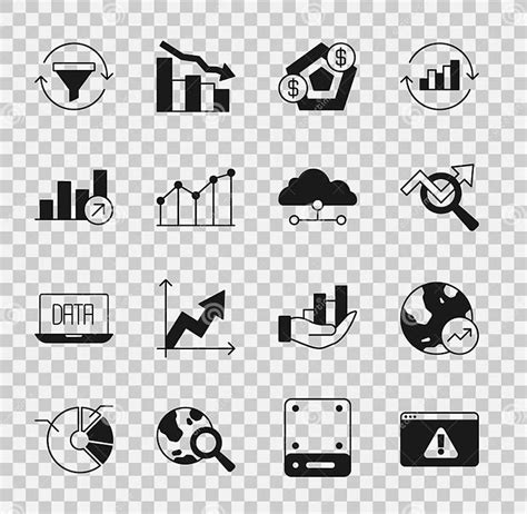 Set Browser With Exclamation Mark Financial Growth Search Data Analysis Pie Chart Infographic