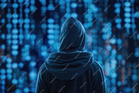 premium photo hacker in blue hoody with code background cybersecurity concept