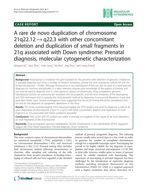 pdf a rare de novo duplication of chromosome 21q22 12 → q22 3 with