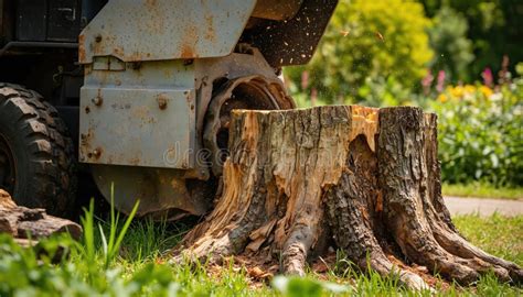 Stump Grinder Machine With Rotating Teeth Grinds Weathered Tree Stump