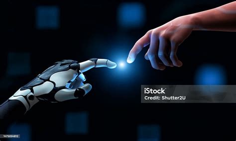 진한 파란색 배경에 인간의 손가락과 접촉하는 로봇 손 비즈니스 커뮤니케이션 및 혁신 기술 개념 3d 일러스트레이션 렌더링 인공지능에 대한 스톡 사진 및 기타 이미지 Istock
