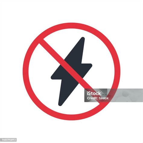 전력 또는 전기 기호 그림이 없습니다 금지된 충전 아이콘입니다 밝은 경고 흰색 배경에 제한 표시 스톡 일러스트레이션 번개 아이콘이 없습니다 금지 정전에 대한 스톡 벡터 아트