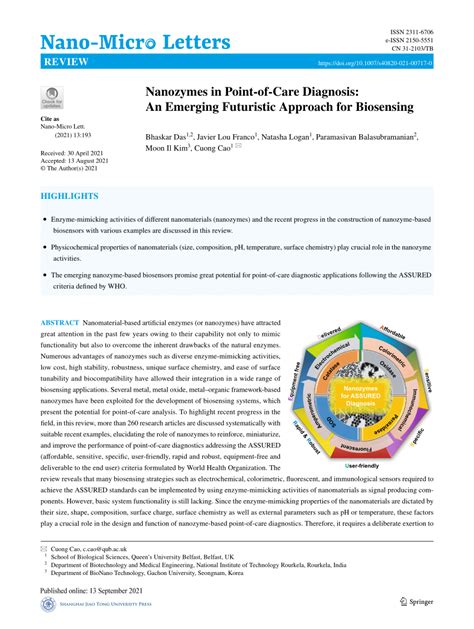 Pdf Nanozymes In Point Of Care Diagnosis An Emerging Futuristic Approach For Biosensing