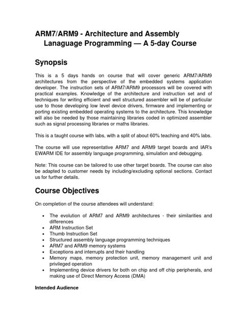 arm7 arm9 architecture and assembly lanaguage programming a 5 day course synopsis pdf