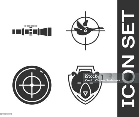 방패에 곰 머리 스나이퍼 광학 조준경 사격 경쟁을위한 표적 스포츠 및 십자선 아이콘으로 오리에 사냥을 설정하십시오 벡터 거위 새에 대한 스톡 벡터 아트 및 기타 이미지