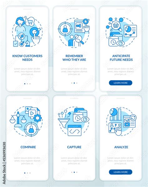 Analyze Customer Behavior Blue Onboarding Mobile App Screen Set Walkthrough 3 Steps Editable