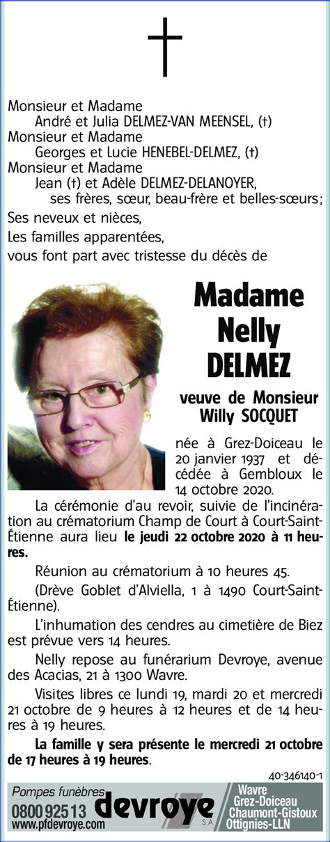 Avis De Décès De Nelly Delmez Décédé Le 14102020 à Gembloux Annonce