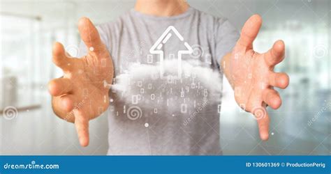 Businessman Holding A Binary Cloud With Upload Internet Arrow 3d