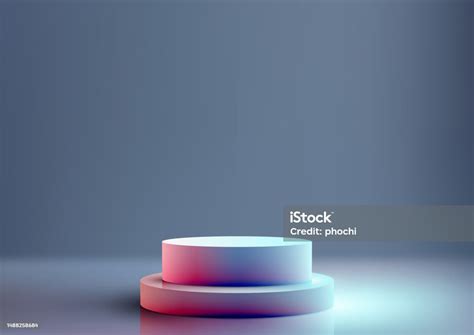 3d 사실적인 파란색과 분홍색 네온 그라데이션 색상 빈 연단 플랫폼 단계 제품 디스플레이 최소 벽 장면 회색 배경 생활필수품에 대한 스톡 벡터 아트 및 기타 이미지 Istock