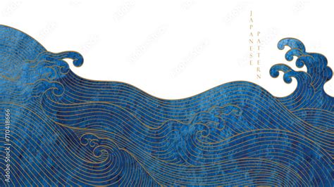 Japanese Background With Hand Drawn Wave Elements Vector Blue Line Pattern With Ocean Object In