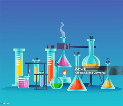 유리 플라스크 평면 벡터 그림입니다 과학 실험실 항목 화학 실험실 장비 실험 속성 파란색 배경에 고립 된 만화 스타일의 색상