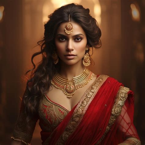 Premium Ai Image A Model In A Red Sari With A Golden Background