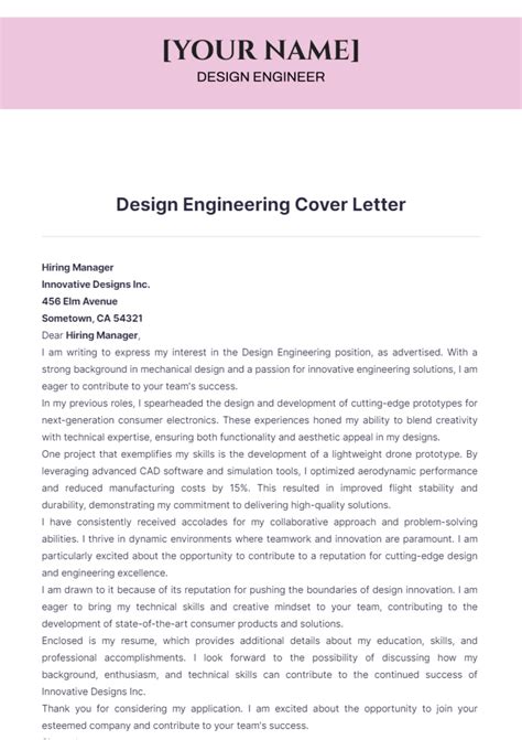 Free Design Engineering Cover Letter Template To Edit Online