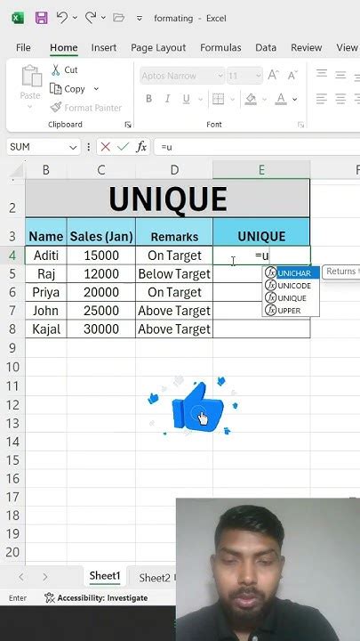 Unique Formula In Excel Excel Microsoftexcel Excel Exceltutorial Shorts Shortsvideo Youtube
