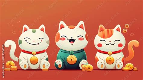 Japanese Lucky Cats Statuettes Traditional Maneki Neko Symbol Of