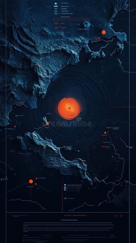 Digital Map Visualizing Earthquakes Epicenter With Detailed Data Stock Illustration