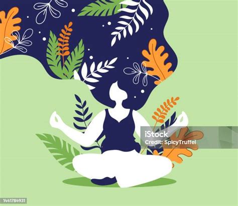 웰빙 여자 평온한 마음 요가 신체 정신 건강 개념 자연 선 영적 균형 명상 아사나 나뭇잎과 꽃 벡터 만화 삽화에 행복 한 여자 사람들에 대한 스톡 벡터 아트 및 기타 이미지