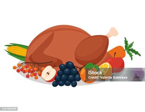 과일과 채소로 장식 된 접시에 칠면조 또는 닭고기를 구워냅니다 추수 감사절의 상징 요리 구운 고기 요리 흰색 배경에 격리된 벡터 일러스트 레이 션 거위 고기에 대한 스톡