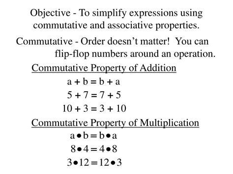 Ppt Objective To Simplify Expressions Using Commutative And