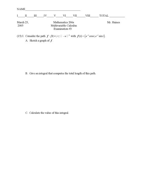 Multivariable Calculus Examination III Integration And Surface Integrals Exams Mathematics