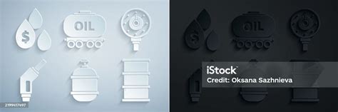 프로판 가스 탱크 모터 게이지 가솔린 펌프 노즐 배럴 오일 석유 철도 수조를 설정하고 달러 기호 아이콘으로 떨어뜨립니다 벡터 0명에 대한 스톡 벡터 아트 및 기타 이미지