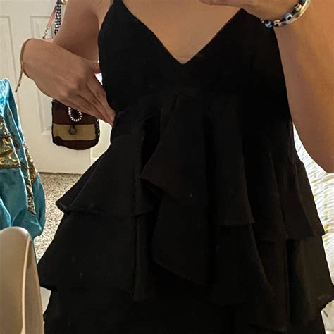 Cute Flowy Black Short Dress Branded For Exposure Depop