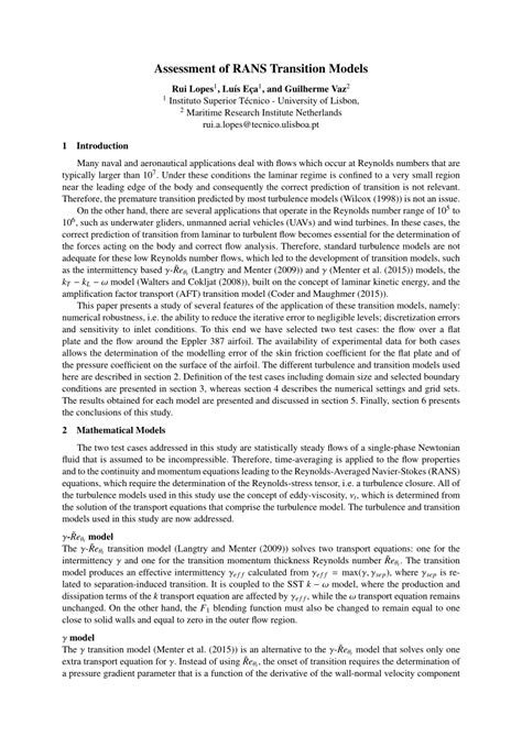 Pdf Assessment Of Rans Transition Models