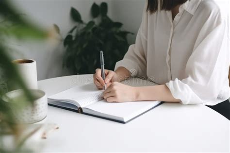 Woman Writing Notebook Table Generate Ai Stock Illustration