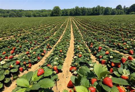 A Field Of Strawberries With A Blue Sky In The Background Premium Ai
