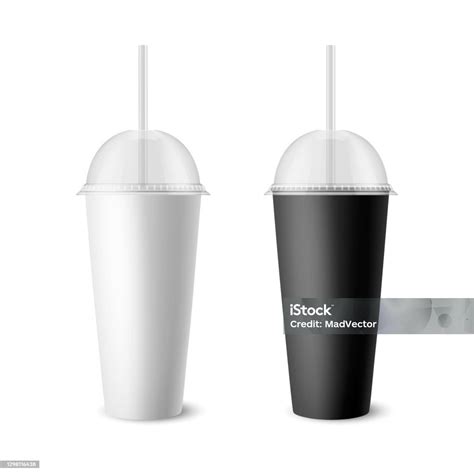 벡터 3d 사실적인 흰색 검은 종이 일회용 컵 뚜껑 세트 음료에 대 한 빨대 음료 격리 음료 커피 소다 차 칵테일 밀크쉐이크 모형을 위한 포장의 디자인 템플릿 전면 보기 0