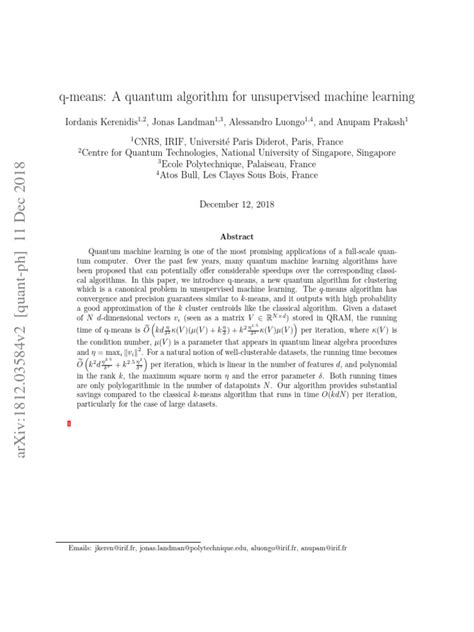 Q Means A Quantum Algorithm For Unsupervised Machine Learning Pdf Cluster Analysis Matrix