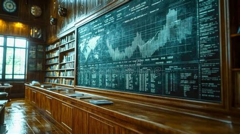 Wooden Library Interior With A Chalkboard Displaying Global Financial Data And Charts