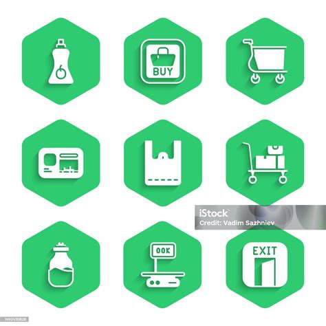 종이 쇼핑백 전자 저울 비상구 핸드 트럭 및 상자 향신료 캔 식별 배지 쇼핑 카트 및 소스 병 아이콘을 설정합니다 벡터 가방에 대한 스톡 벡터 아트 및 기타 이미지 Istock