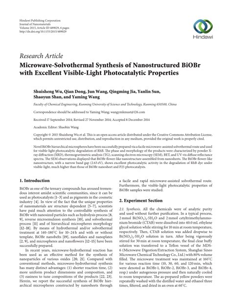 Pdf Microwave Solvothermal Synthesis Of Nanostructured Biobr With Excellent Visible Light