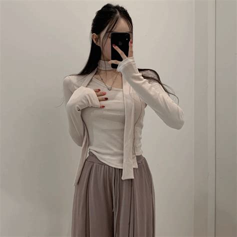 여리섹시스카프set 언발 사선 크롭 단추 골지 긴팔 가디건 티 에이블리